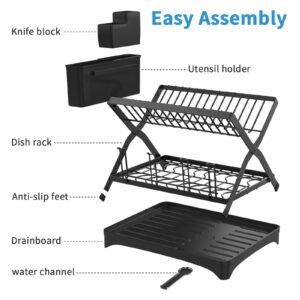 2-Tier Dish Drying Rack, Multifunctional Dish Rack for Kitchen Counter, Rustproof Kitchen Dish Drying Rack,Space-Saving Dish Drying Rack with Utensil Holder,Cups Holder,Extra Drying Mat,Large-Capacity