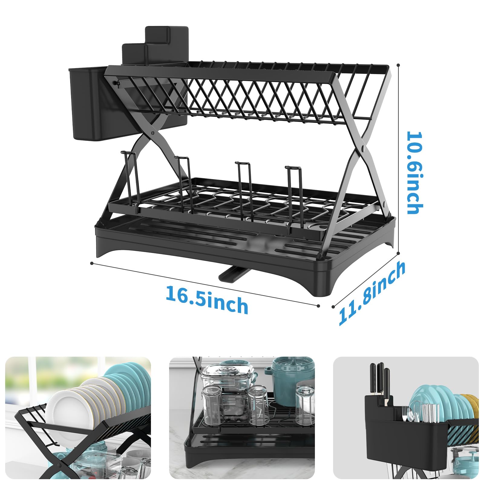 2-Tier Dish Drying Rack, Multifunctional Dish Rack for Kitchen Counter, Rustproof Kitchen Dish Drying Rack,Space-Saving Dish Drying Rack with Utensil Holder,Cups Holder,Extra Drying Mat,Large-Capacity