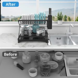 2-Tier Dish Drying Rack, Multifunctional Dish Rack for Kitchen Counter, Rustproof Kitchen Dish Drying Rack,Space-Saving Dish Drying Rack with Utensil Holder,Cups Holder,Extra Drying Mat,Large-Capacity