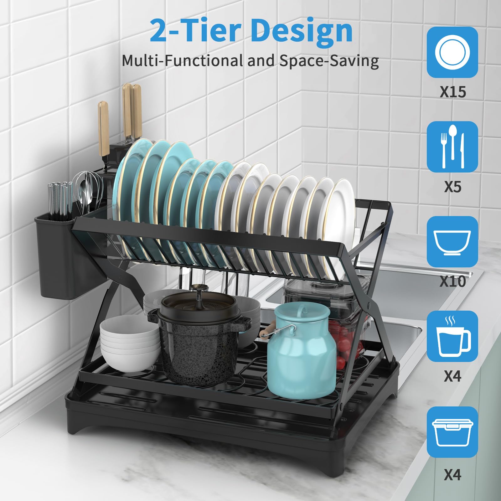 2-Tier Dish Drying Rack, Multifunctional Dish Rack for Kitchen Counter, Rustproof Kitchen Dish Drying Rack,Space-Saving Dish Drying Rack with Utensil Holder,Cups Holder,Extra Drying Mat,Large-Capacity