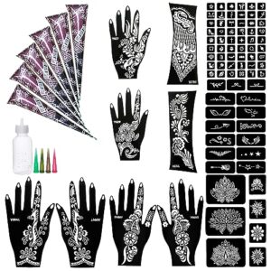 11 sheet total 84 tattoo stencils sticker pattern, 6 pcs natrual brown temporary tattoo kit, 1 bottles, 4 nozzles