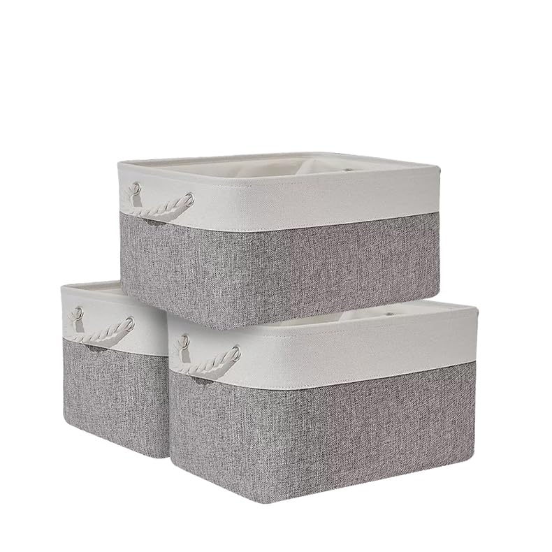 Foldable Storage Baskets for Organizing , Linen Closet Organizers,16.×12in Closet Organizer Bins with Cotton Rope Handles,Fabric Basket,Storage Baskets for Shelves, Toys,Clothes,Office-Gray/Off White