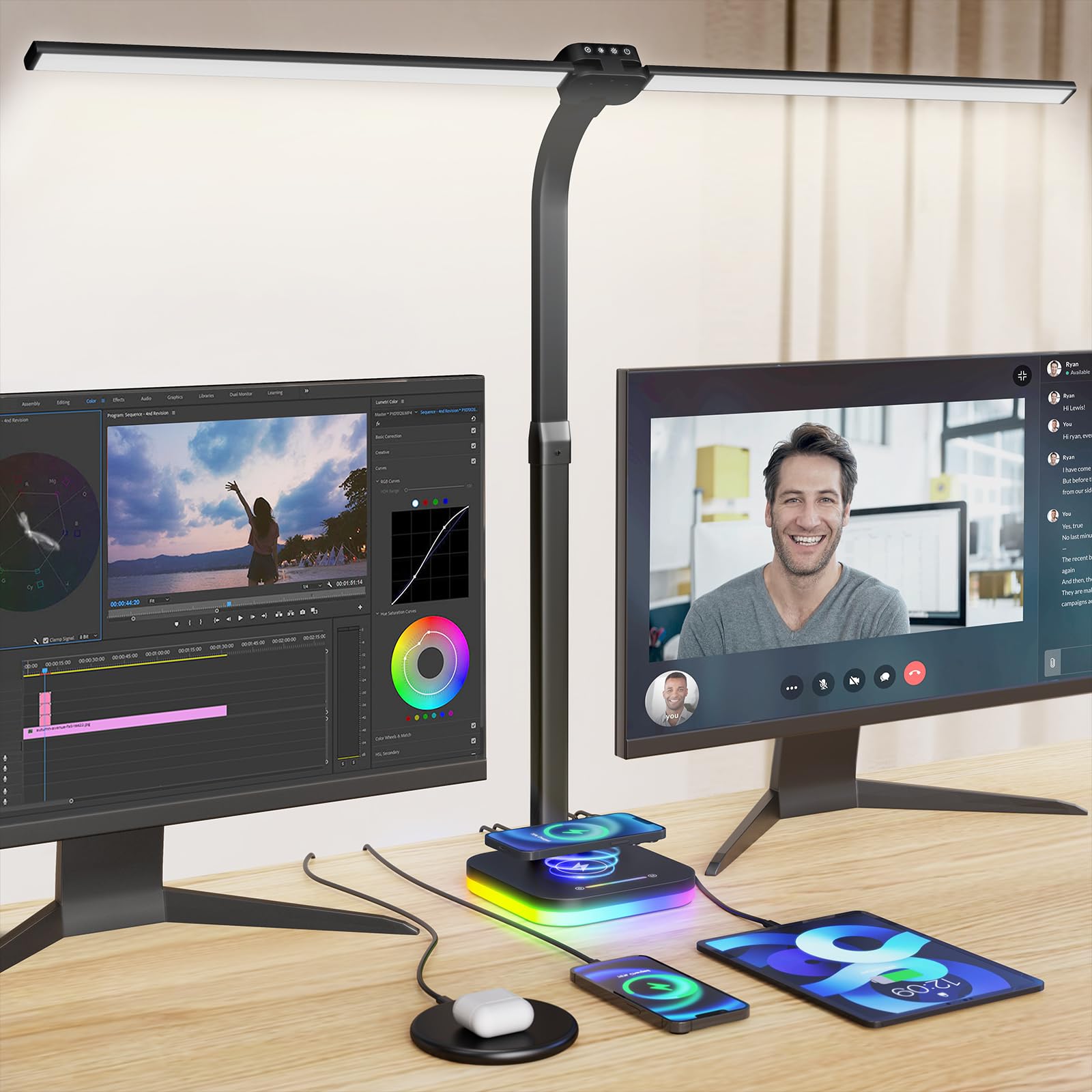 Yeuslor Black Desk Lamp for Office Gaming,Double Head Light for Home＆Office，Adjustable Light Mode and Brightness，Adjustable Height＆Angle in Metal Polwith Wireless Charger＆2 USB and 1 Type-c Ports