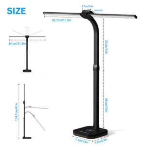 Yeuslor Black Desk Lamp for Office Gaming,Double Head Light for Home＆Office，Adjustable Light Mode and Brightness，Adjustable Height＆Angle in Metal Polwith Wireless Charger＆2 USB and 1 Type-c Ports