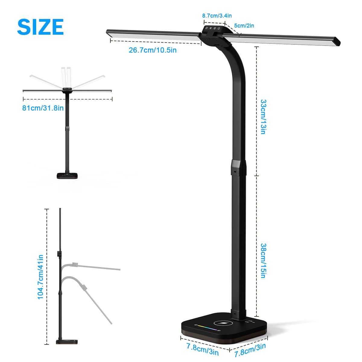 Yeuslor Black Desk Lamp for Office Gaming,Double Head Light for Home＆Office，Adjustable Light Mode and Brightness，Adjustable Height＆Angle in Metal Polwith Wireless Charger＆2 USB and 1 Type-c Ports