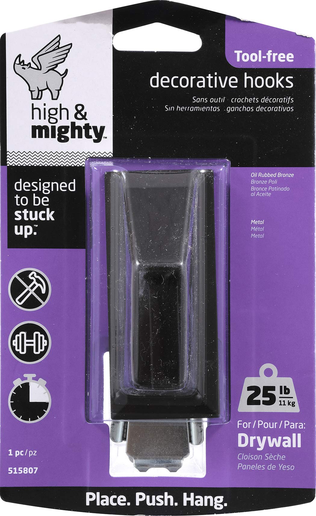 HIGH & MIGHTY 515807 Decorative Metal Hook, Easy Tool-Free Dry Wall Installation, Rectangle, Holds up to 25lb, Bronze (Pack of 2)