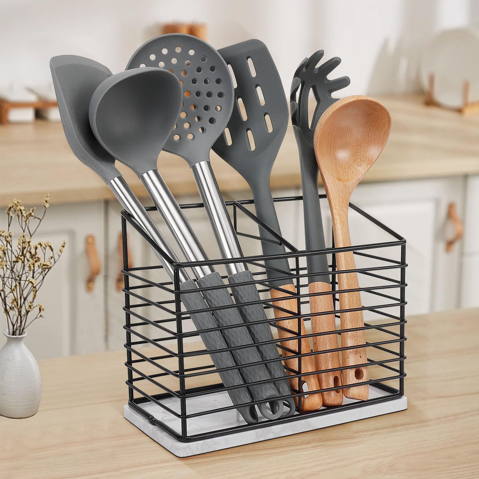 Jeasor Utensil Holder for Kitchen Counter, Metal Utensil Holder Rack for Kitchen Countertop, Cooking Tools Storage for Spatula, Utensil Organizer with Sturdy Base, and Drainage Hole (Black Marble)