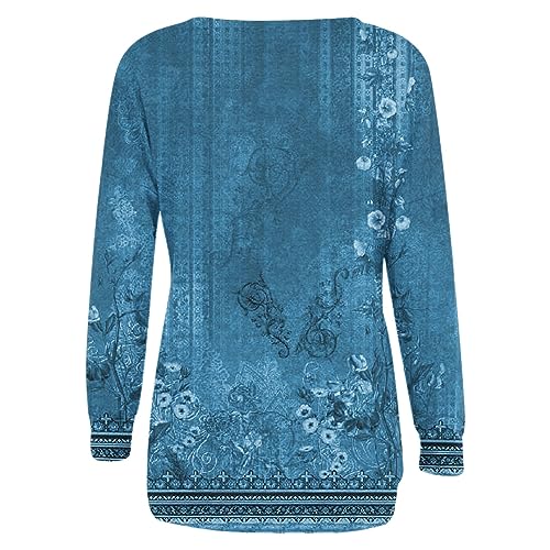 WPNMASNP Womens Fall Floral Tops 2023 Crewneck Casual Dressy T-Shirts Floral Trendy Blouses Plus Size Flowy Elegant Pullovers Blue