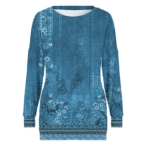 WPNMASNP Womens Fall Floral Tops 2023 Crewneck Casual Dressy T-Shirts Floral Trendy Blouses Plus Size Flowy Elegant Pullovers Blue