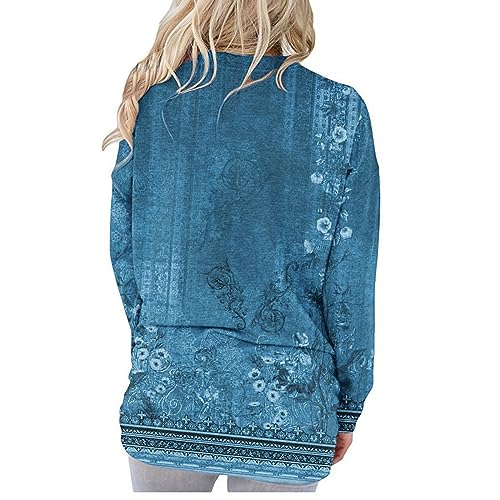 WPNMASNP Womens Fall Floral Tops 2023 Crewneck Casual Dressy T-Shirts Floral Trendy Blouses Plus Size Flowy Elegant Pullovers Blue