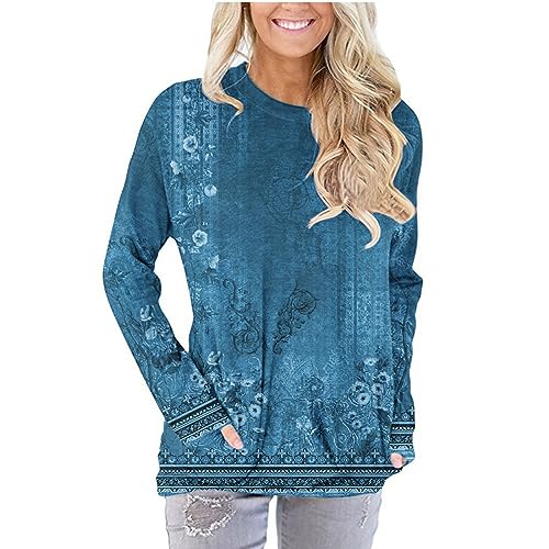 WPNMASNP Womens Fall Floral Tops 2023 Crewneck Casual Dressy T-Shirts Floral Trendy Blouses Plus Size Flowy Elegant Pullovers Blue