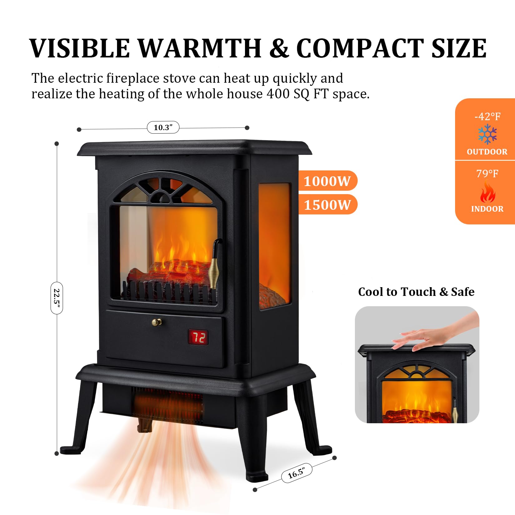 Buymoth Electric Fireplace Stove 23" Freestanding Infrared Electric Fireplace Heater 1000w/1500w w/3D Flame Firewood Effect, Remote Control, Timer, Adjustable Brightness & Temperature, Black