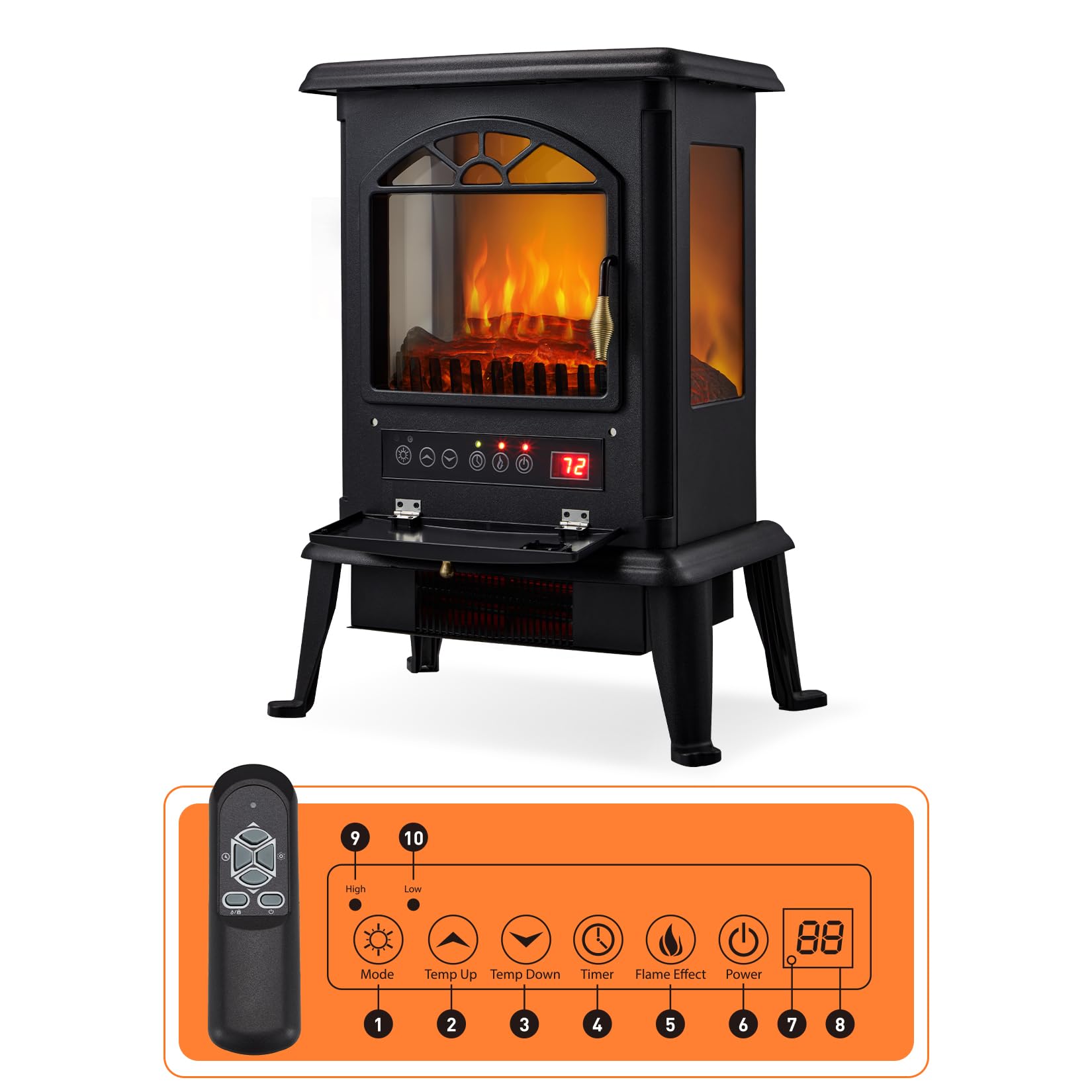 Buymoth Electric Fireplace Stove 23" Freestanding Infrared Electric Fireplace Heater 1000w/1500w w/3D Flame Firewood Effect, Remote Control, Timer, Adjustable Brightness & Temperature, Black