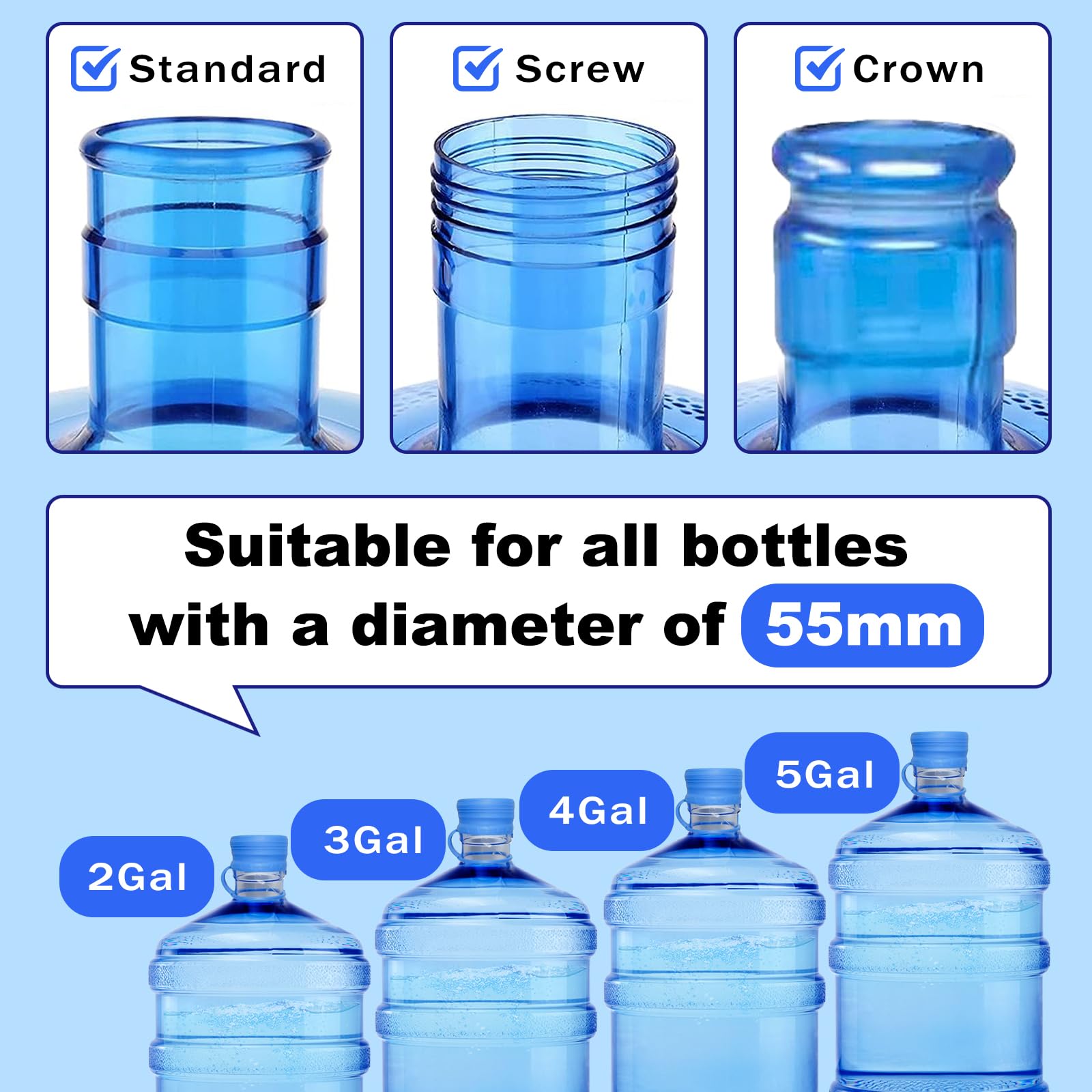 DysanVica 【4 PCS】 3 & 5 Gallon Water Jug Cap - 55mm Reusable Food Grade Silicone Water Bottle Cap for Standard/Screw/Crown Tops, Water Dispenser Replacement Lids, Non-Spill & Leak Free - 4 Pack