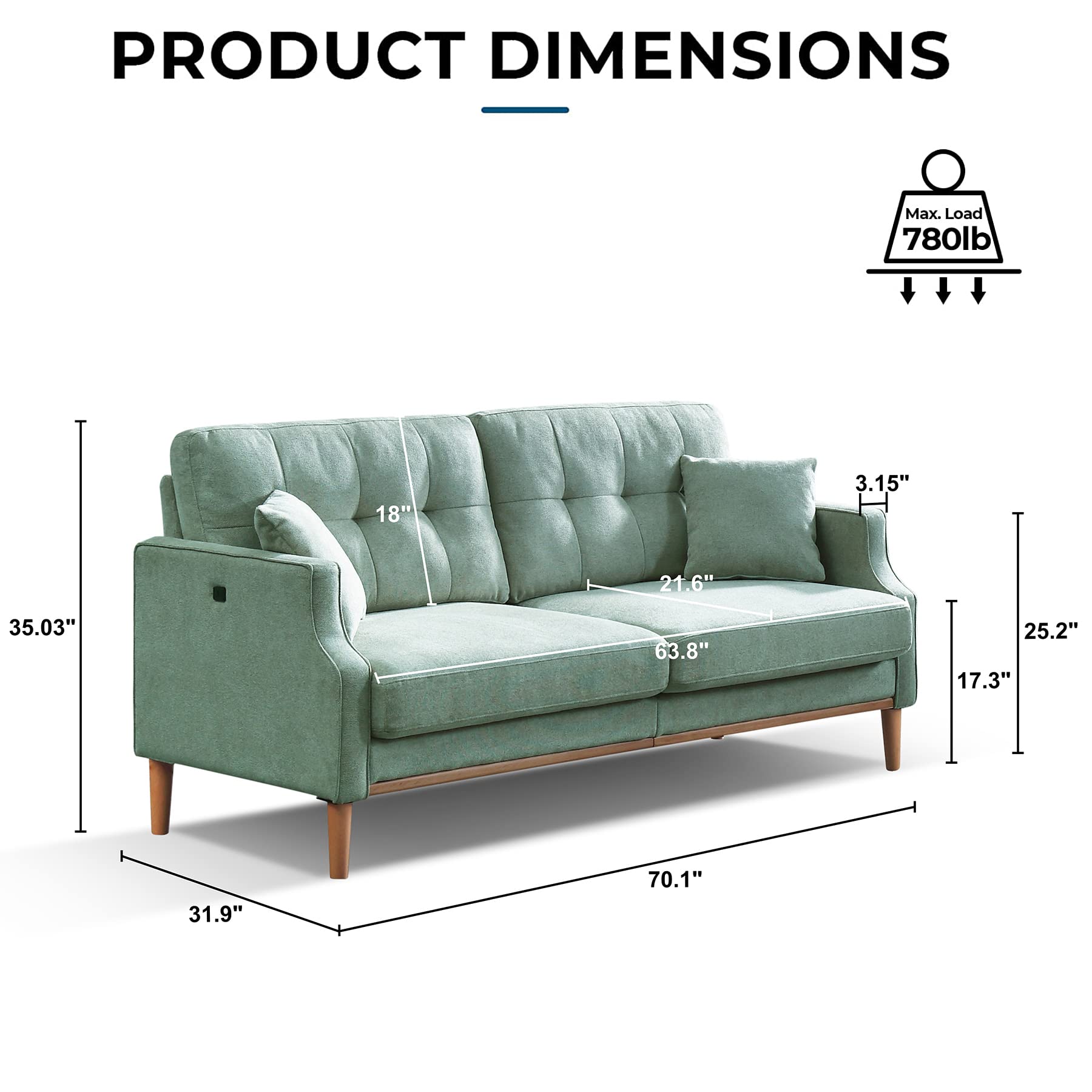 Plococo Mid-Century Modern 3 Seat Sofa Couch, The Ultimate Comfort Experience Loveseat with Thick Cushions,Waterproof Fabric,and USB Port, Aqua