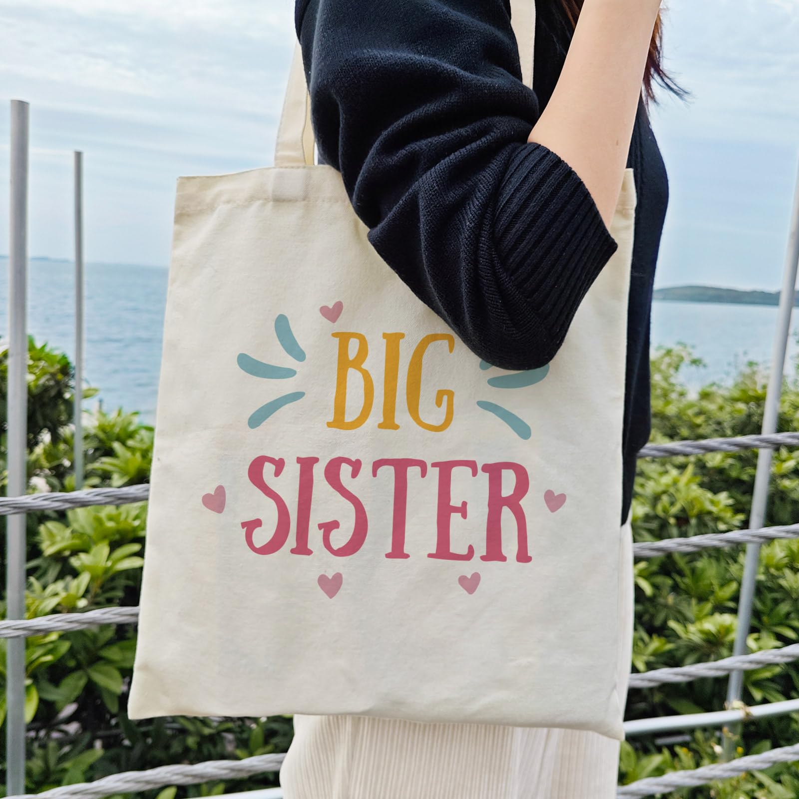 Dlzdn Big Sister Canvas Tote Bag For Women Aesthetic Cute Big Sister Tote Bag Shopping Grocery Bag Beach Bag Gifts for Women Teacher Bag Reusable Grocery Bag