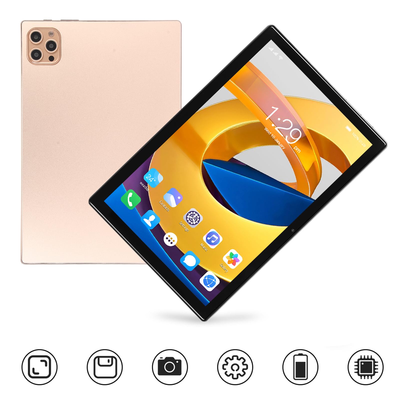 GLOGLOW HD Tablet PC, Multifunction 6GB RAM 64GB ROM 10.1 Inch Tablet for Working for Learning (Gold)