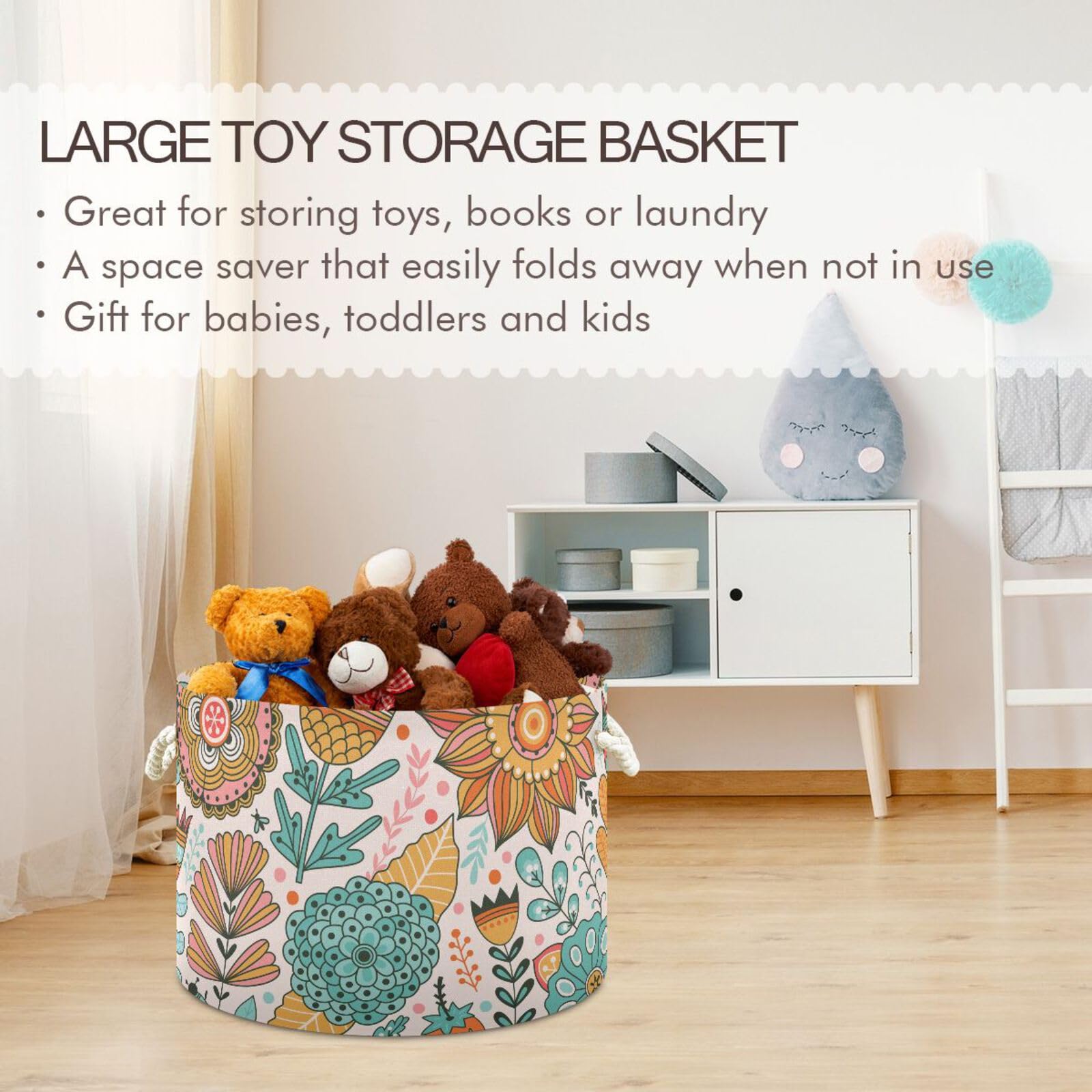 Botanic Texture Detailed Flowers Collapsable Foldable Storage Baskets Round Kids Linen Dirty Clothes Hamper