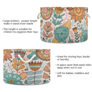 Botanic Texture Detailed Flowers Collapsable Foldable Storage Baskets Round Kids Linen Dirty Clothes Hamper