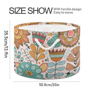 Botanic Texture Detailed Flowers Collapsable Foldable Storage Baskets Round Kids Linen Dirty Clothes Hamper