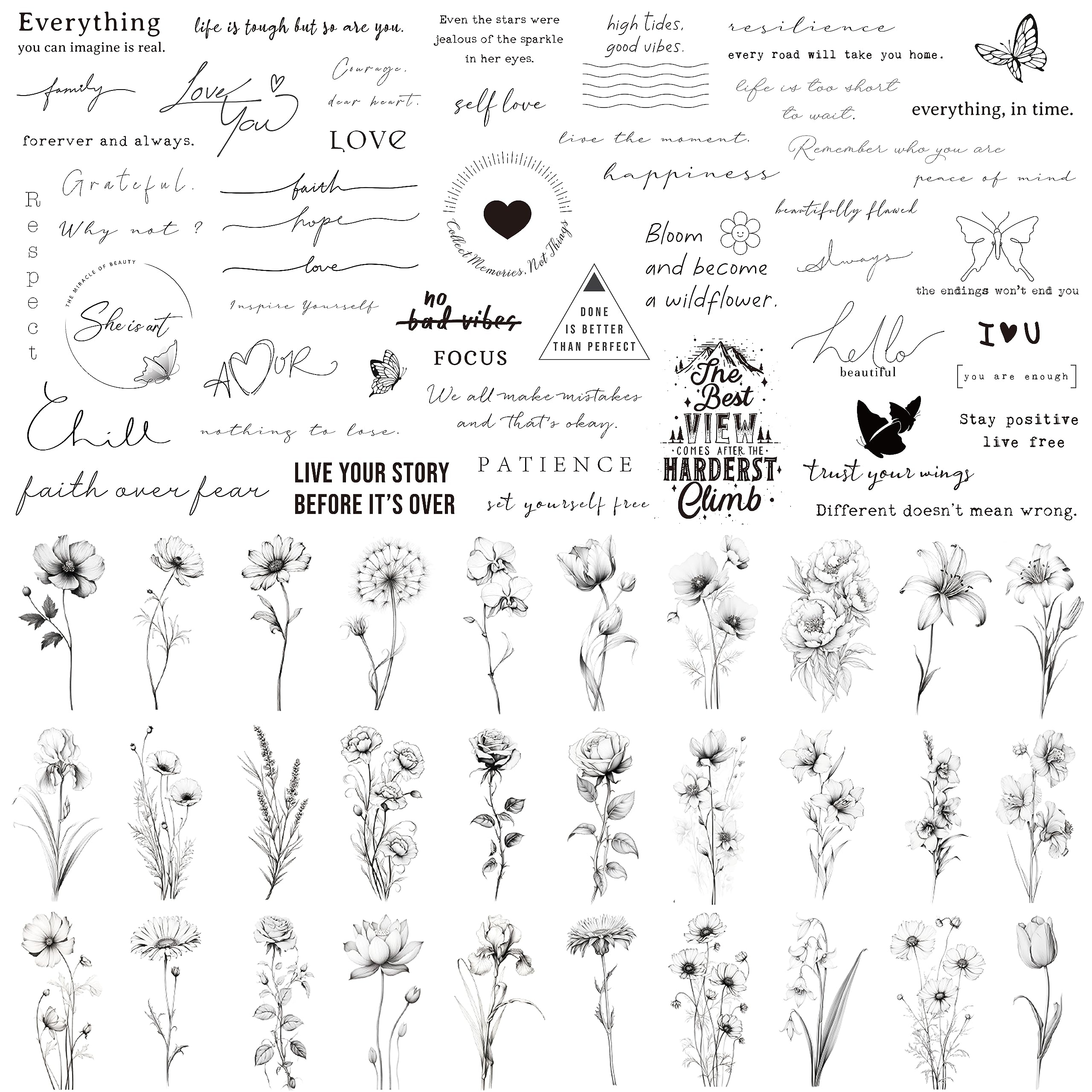 Esland Realistic Temporary Tattoos - 60 Sheets Small Fake Tattoos, 30 Pcs Meaningful Scripts Words Tattoos, 30 Pcs Line Art Wild Flower Nature Tattoo Stickers for Women and Men