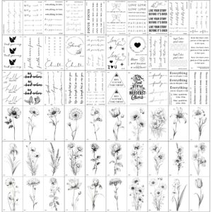 Esland Realistic Temporary Tattoos - 60 Sheets Small Fake Tattoos, 30 Pcs Meaningful Scripts Words Tattoos, 30 Pcs Line Art Wild Flower Nature Tattoo Stickers for Women and Men