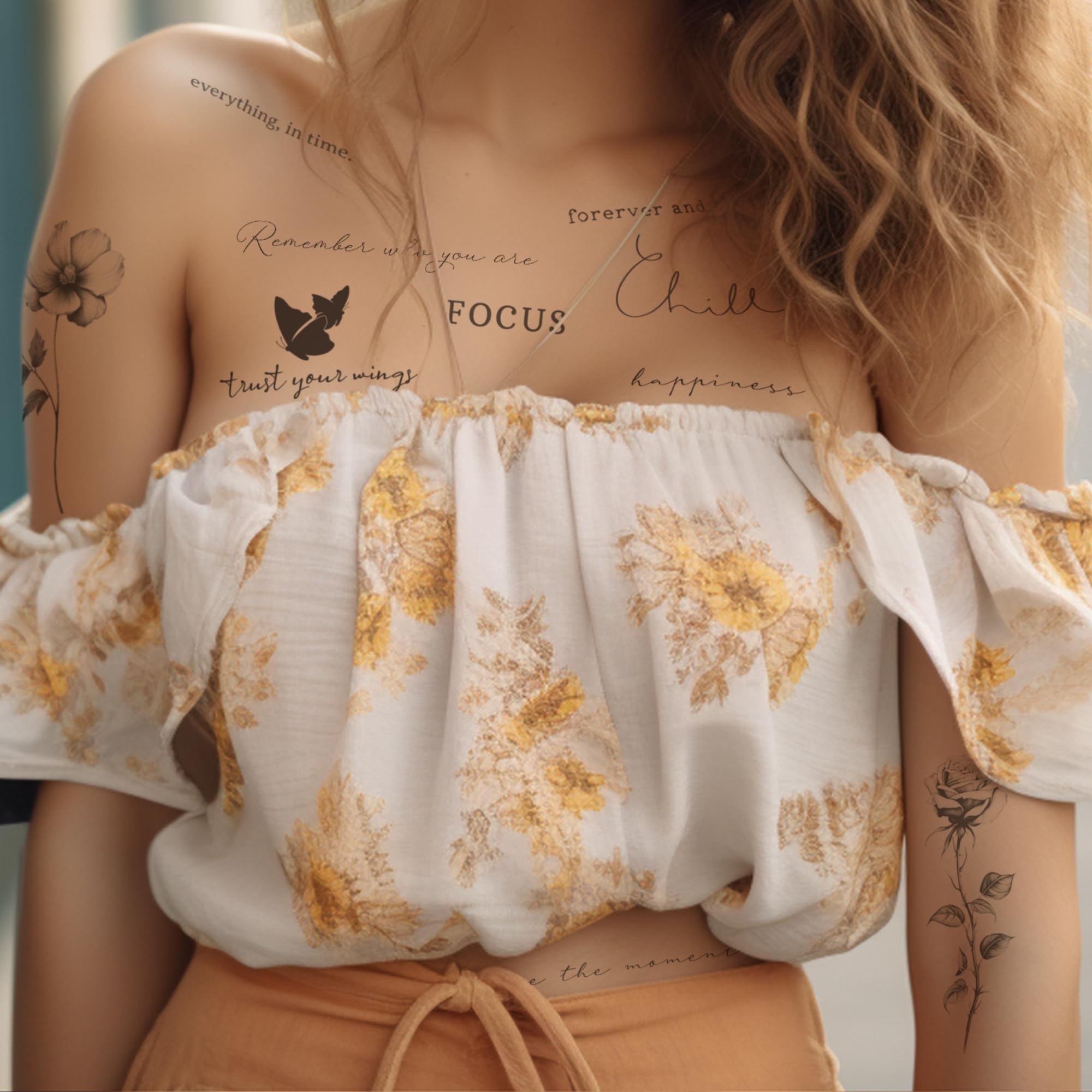 Esland Realistic Temporary Tattoos - 60 Sheets Small Fake Tattoos, 30 Pcs Meaningful Scripts Words Tattoos, 30 Pcs Line Art Wild Flower Nature Tattoo Stickers for Women and Men