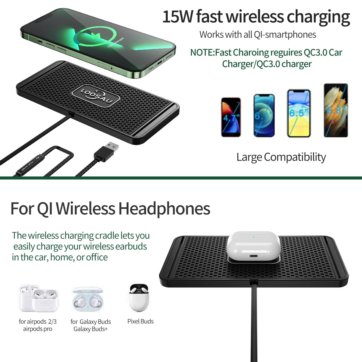 Wireless Charger,LOOSAU Wireless car Charger Charging pad 15w Non Slip FastCharger for car Wireless Phone Charger for Android for iPhone 11/12/13/14/15 Pro Max Xs,Samsung Galaxy S20, S10+ Note 9，LG