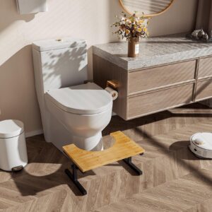 Foldable Bamboo Toilet Stool for Bathroom, Adjustable Multi-Heights Poop Stool for Adults Kids, Portable Squatting Potty Stool with Double Anti-Slip Design