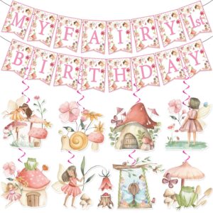 no-diy my fairy first birthday decorations banner hanging swirls, fairy birthday decorations, flower fairy themed birthday party decorations includes 1 banner 16 hanging swirls for girls baby shower