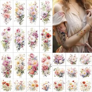 everjoy flower temporary tattoo sleeve sheets, 12 large watercolor floral tattoo stickers, 13 small fake flower tattoo designs for women and girls