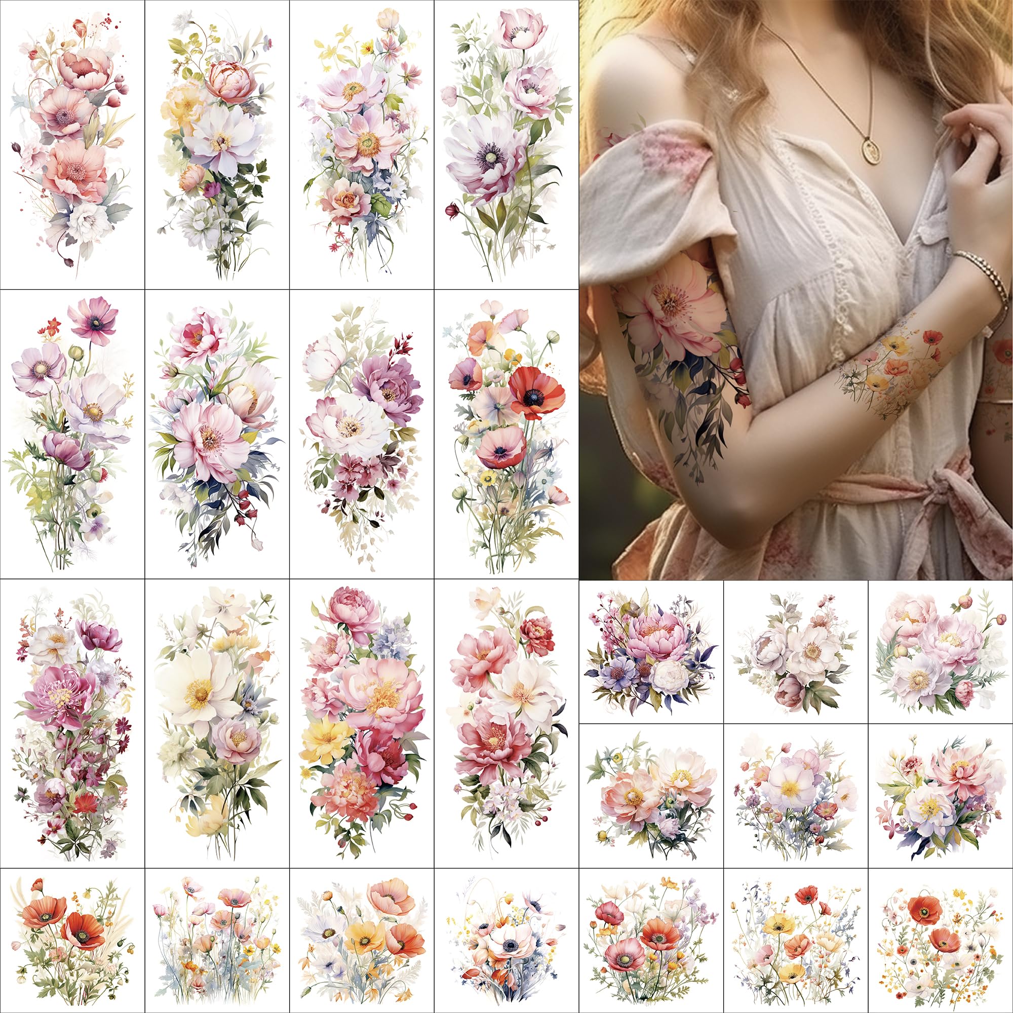 Everjoy Flower Temporary Tattoo Sleeve Sheets, 12 Large Watercolor Floral Tattoo Stickers, 13 Small Fake Flower Tattoo Designs for Women and Girls