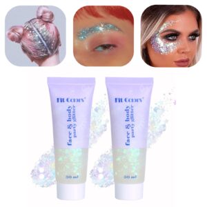 2pcs white face&body glitter gel long lasting, unicorn makeup face glitter for hair face nail, temporary tattoo for party favors concert festival, little mermaid sequins white chunky body glitter