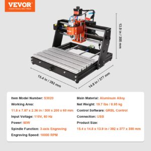 VEVOR CNC Router Machine, 120W 3 Axis GRBL Control Wood Engraving Carving Milling Machine Kit, 300 x 200 x 60 mm/11.8 x 7.87 x 2.36 in Working Area 10000 RPM for Wood Acrylic MDF PVC Plastic Foam