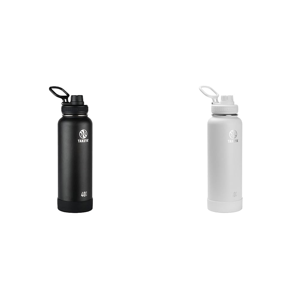 Takeya Actives Insulated Stainless Steel Water Bottle with Spout Lid, 40 Ounce, Onyx and Arctic