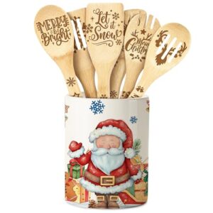 christmas utensil holder ceramic with 6 pcs cooking utensil, christmas women gifts santa claus cooking utensil crock holder for kitchen counter decorations countertop spatula utensil storage organizer