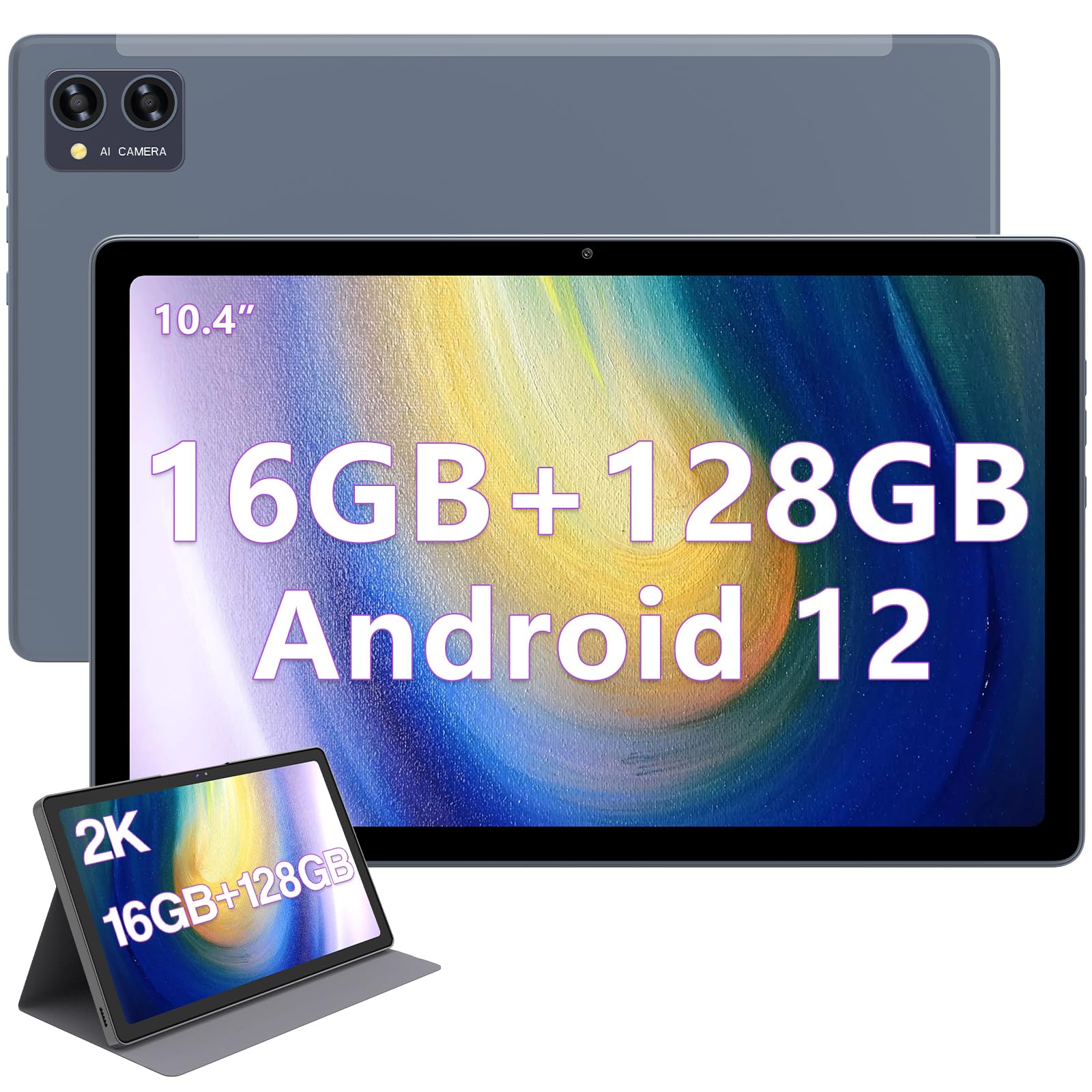 10.4 Inch 2K FHD Tablet Android 12 Tablets with Case, 16GB+128GB+1TB Octa-Core 2.0Ghz CPU Tablet PC, 2000 * 1200 IPS, 2.4G/5G WiFi BT, 5+13MP Dual Camera, 7000mAh Battery, Google Certified Tableta