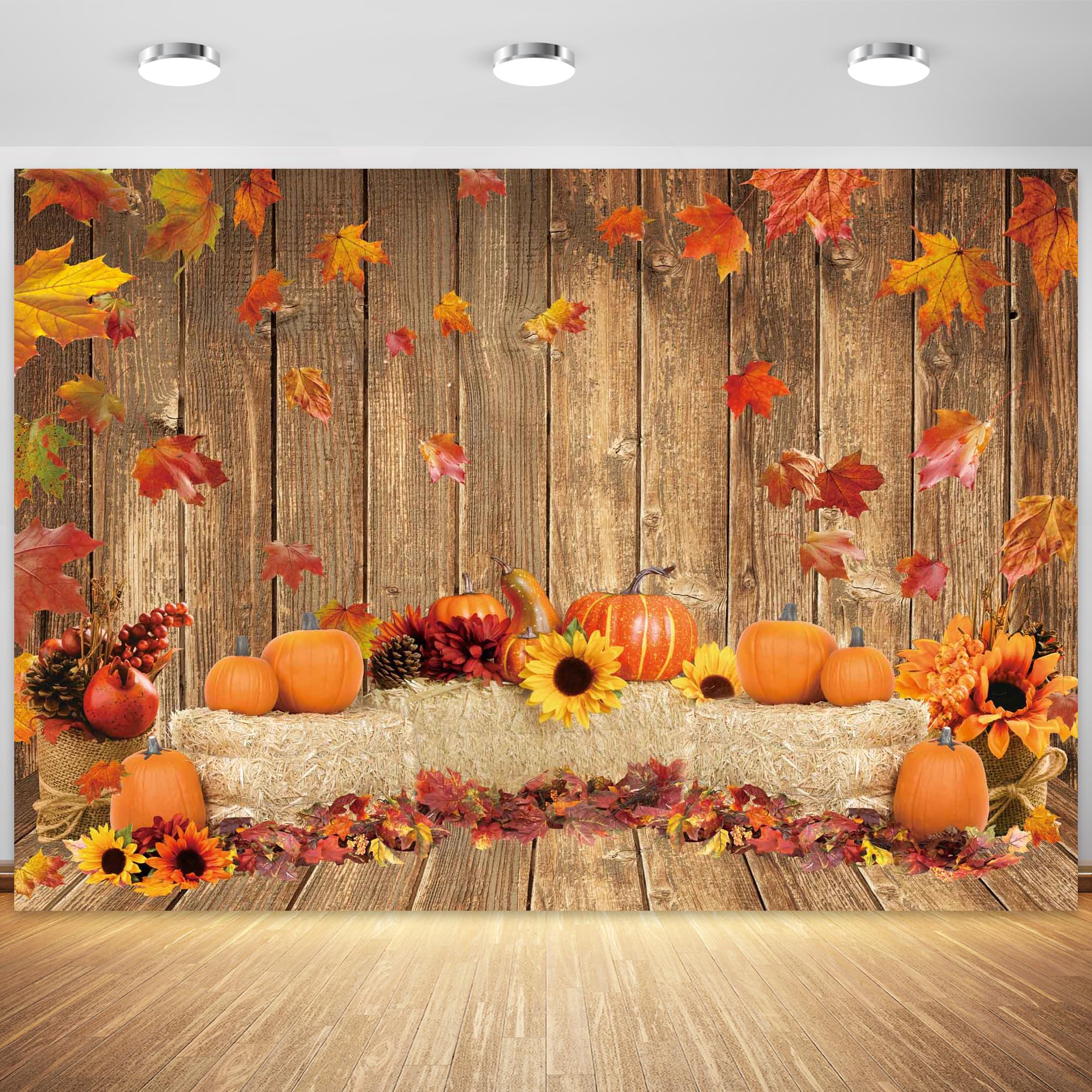 Fluzimir 10x7FT Autumn Fall Photo Backdrop for Photography Thanksgiving Day Wooden Pattern Maple Leaves Pumpkin Background Fall Friendsgiving Party Decorations Harvest Event Banner Decor