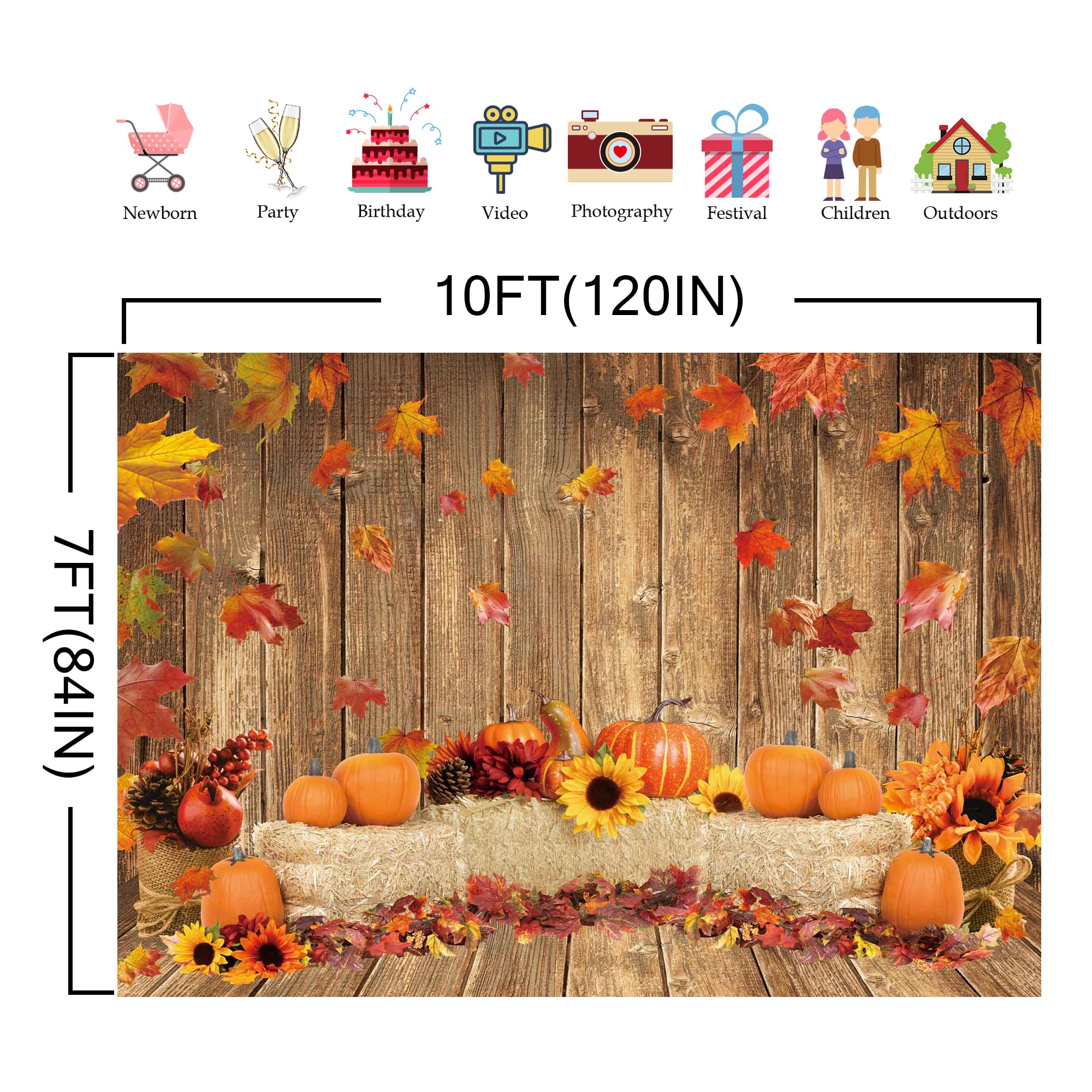 Fluzimir 10x7FT Autumn Fall Photo Backdrop for Photography Thanksgiving Day Wooden Pattern Maple Leaves Pumpkin Background Fall Friendsgiving Party Decorations Harvest Event Banner Decor