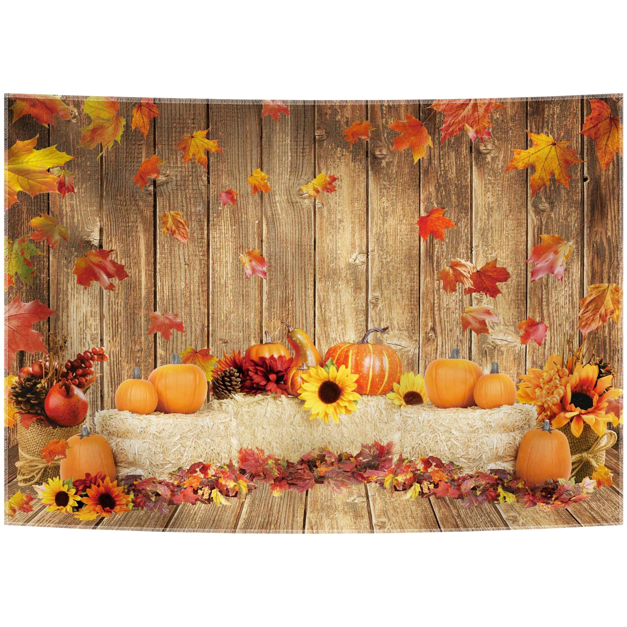 Fluzimir 10x7FT Autumn Fall Photo Backdrop for Photography Thanksgiving Day Wooden Pattern Maple Leaves Pumpkin Background Fall Friendsgiving Party Decorations Harvest Event Banner Decor