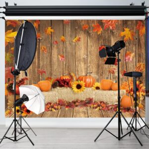 Fluzimir 10x7FT Autumn Fall Photo Backdrop for Photography Thanksgiving Day Wooden Pattern Maple Leaves Pumpkin Background Fall Friendsgiving Party Decorations Harvest Event Banner Decor