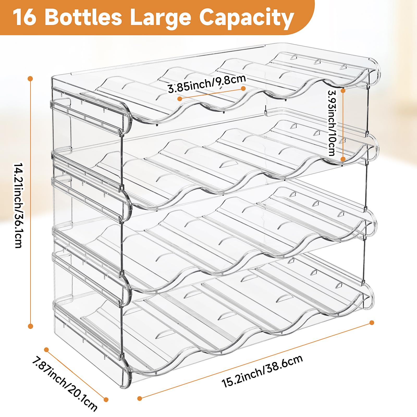 spospo Stackable Water Bottle Organizer, Large Compartment Water Bottle Holder, 4 Tier Clear Water Bottle Organizer for Cabinet, Bottle Rack for Kitchen Organization and Storage - Hold 16 Bottles