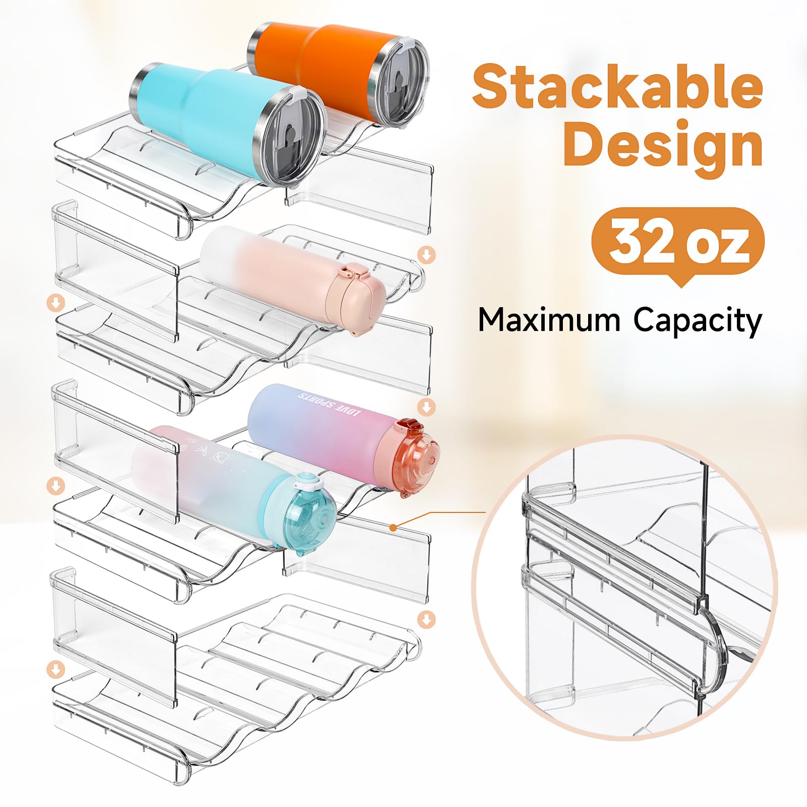 spospo Stackable Water Bottle Organizer, Large Compartment Water Bottle Holder, 4 Tier Clear Water Bottle Organizer for Cabinet, Bottle Rack for Kitchen Organization and Storage - Hold 16 Bottles