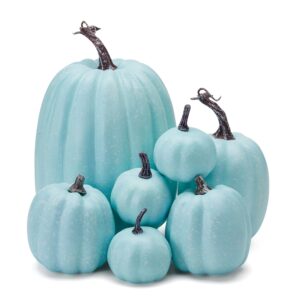 binpure fall decorations for home artificial fake pumpkins thanksgiving pumpkins set lifelike wedding tables centerpieces halloween home decoration (sst-light blue, 7 pcs)