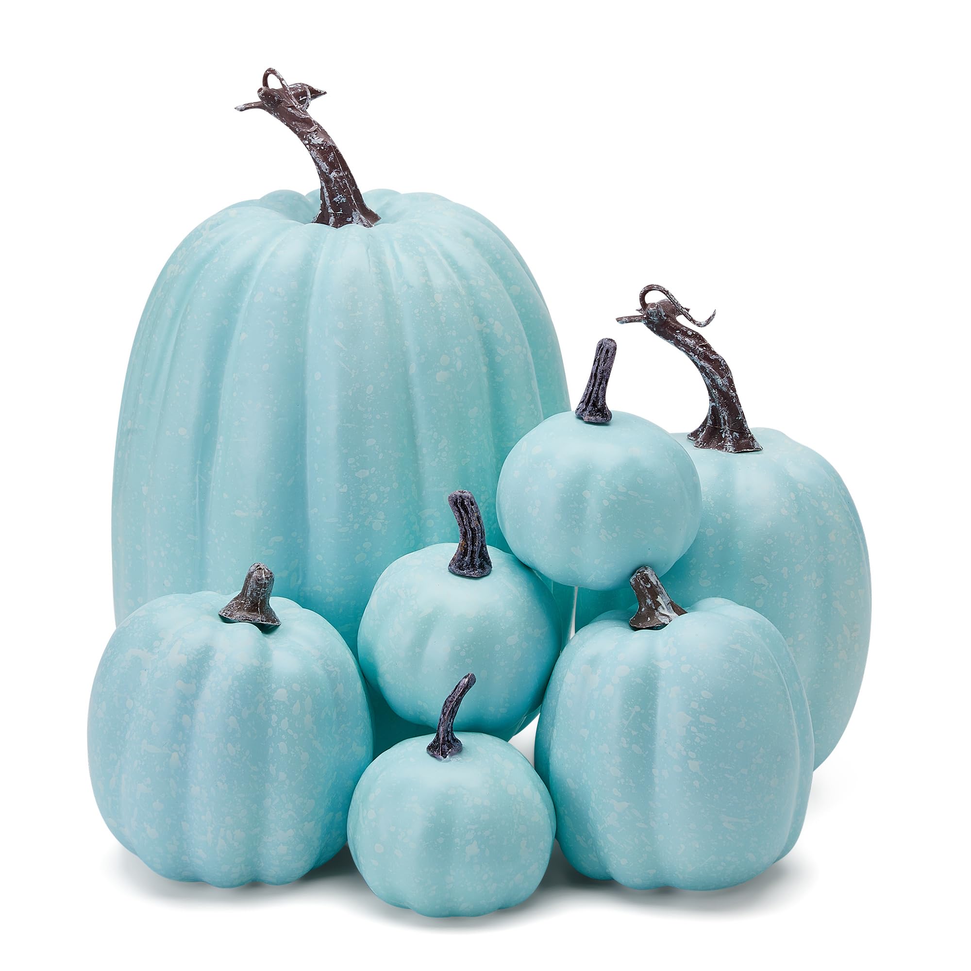 BINPURE Fall Decorations for Home Artificial Fake Pumpkins Thanksgiving Pumpkins Set Lifelike Wedding Tables Centerpieces Halloween Home Decoration (SST-Light Blue, 7 PCS)