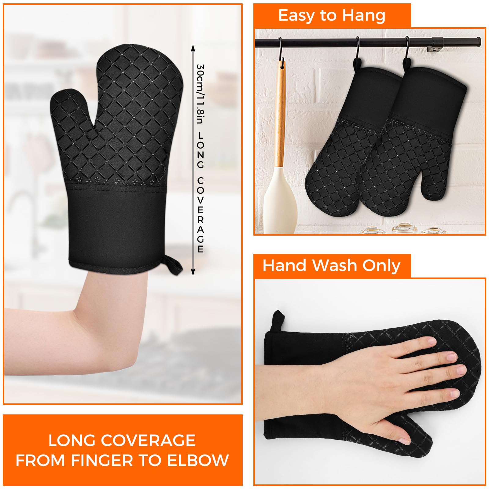 2 Pcs Oven Mitts for Kitchen Heat Resistant Oven Gloves, Soft Cotton Lining, Anti-Slip Silicone Stripe Oven Mitts Heat Resistant Oven Mits, Kitchen Mitt Pair Protect Hands, Cooking Baking BBQ Gloves