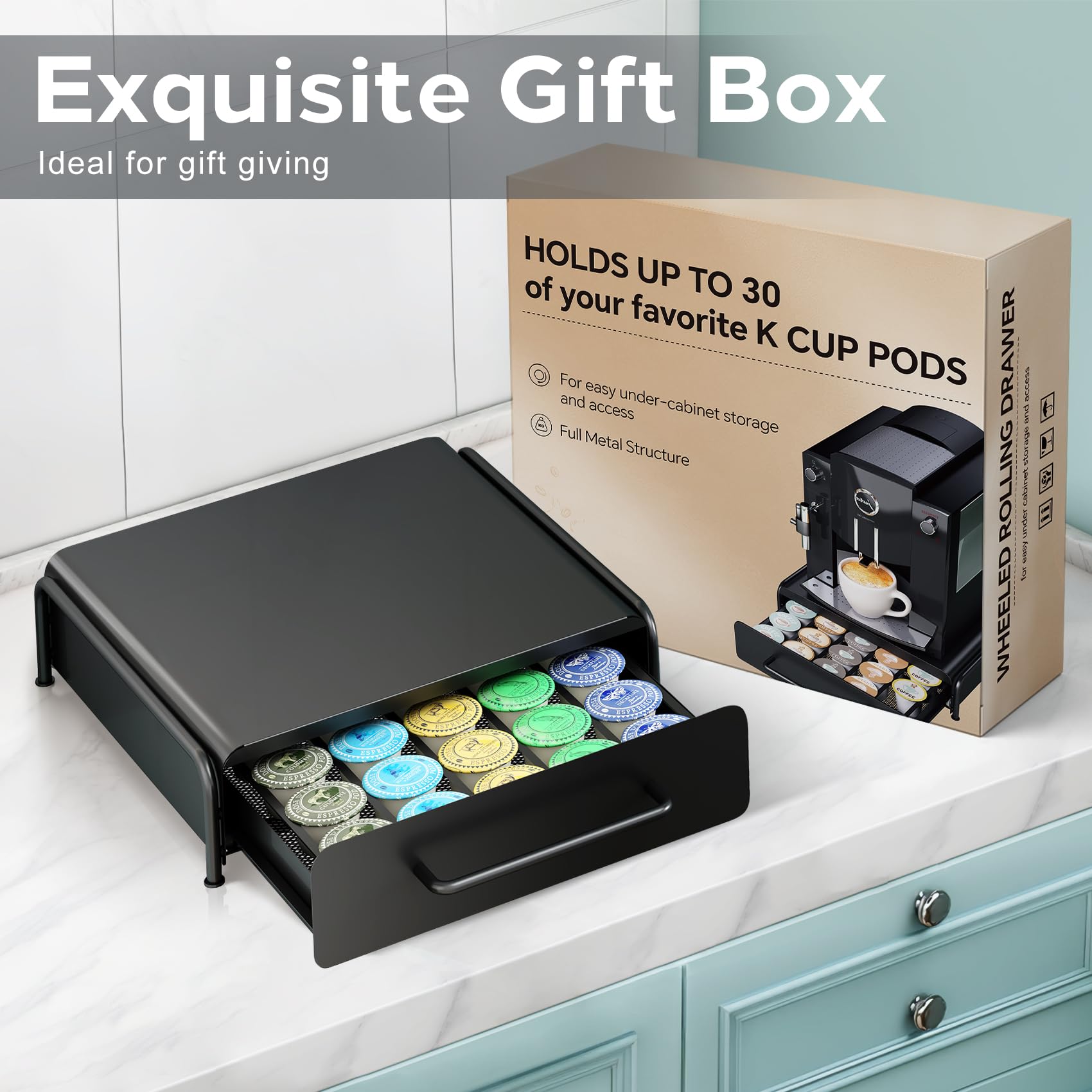 K Cup Holder(Gift Box), Smooth Sliding with Wheels Coffee Pod Holder Saving Space, Sturdy Metal K Cup Organizer Coffee Pot Storage Pull Out Drawer Load-Bearing 100 LBS, Birthday & Holiday Gifts