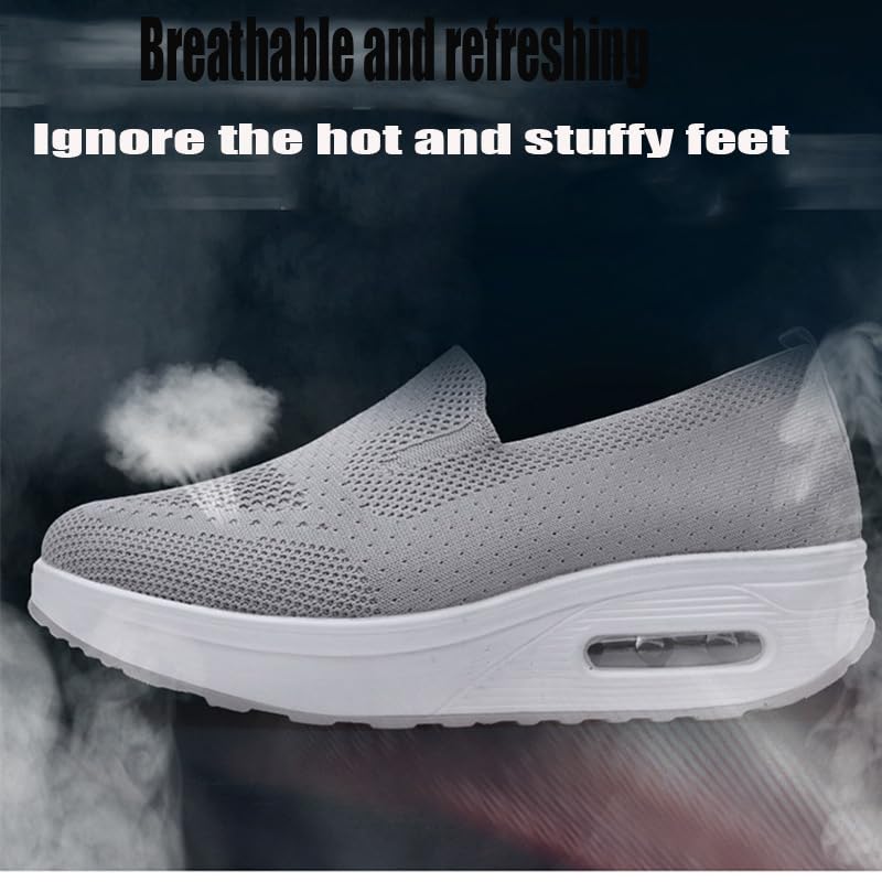 Women Orthopedic Air Cushion Walking Shoes Slip-On Platform Mesh Stretch Wedge Sneakers for Arch Support Light Toning Rocker Shoe (Black,5,Women,5)