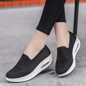 Women Orthopedic Air Cushion Walking Shoes Slip-On Platform Mesh Stretch Wedge Sneakers for Arch Support Light Toning Rocker Shoe (Black,5,Women,5)