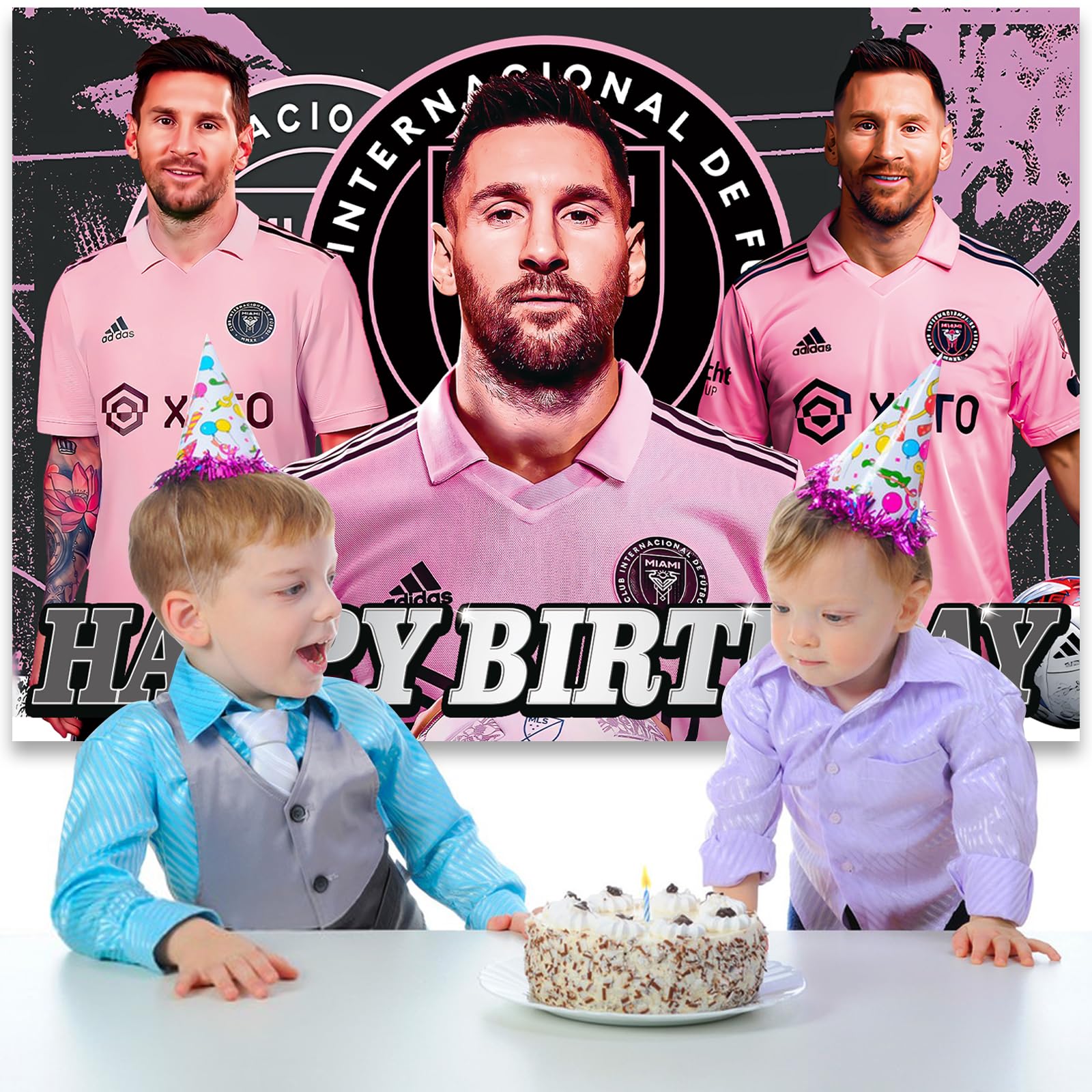 Soccer Star 𝓜𝓮𝓼𝓼𝓲 Birthday Party Supplies, Happy Birthday Backdrop for Miami CF Theme Party, 5 x 3 FT Soccer Birthday Banner for Girls Boys Fans Football Birthday Party Decorations